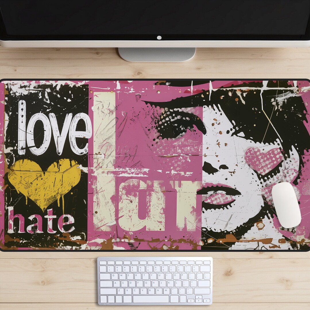 Love Hate Desk Mat, Graffiti Desk Pad, Pink Punk Mousepad, Urban Street ...