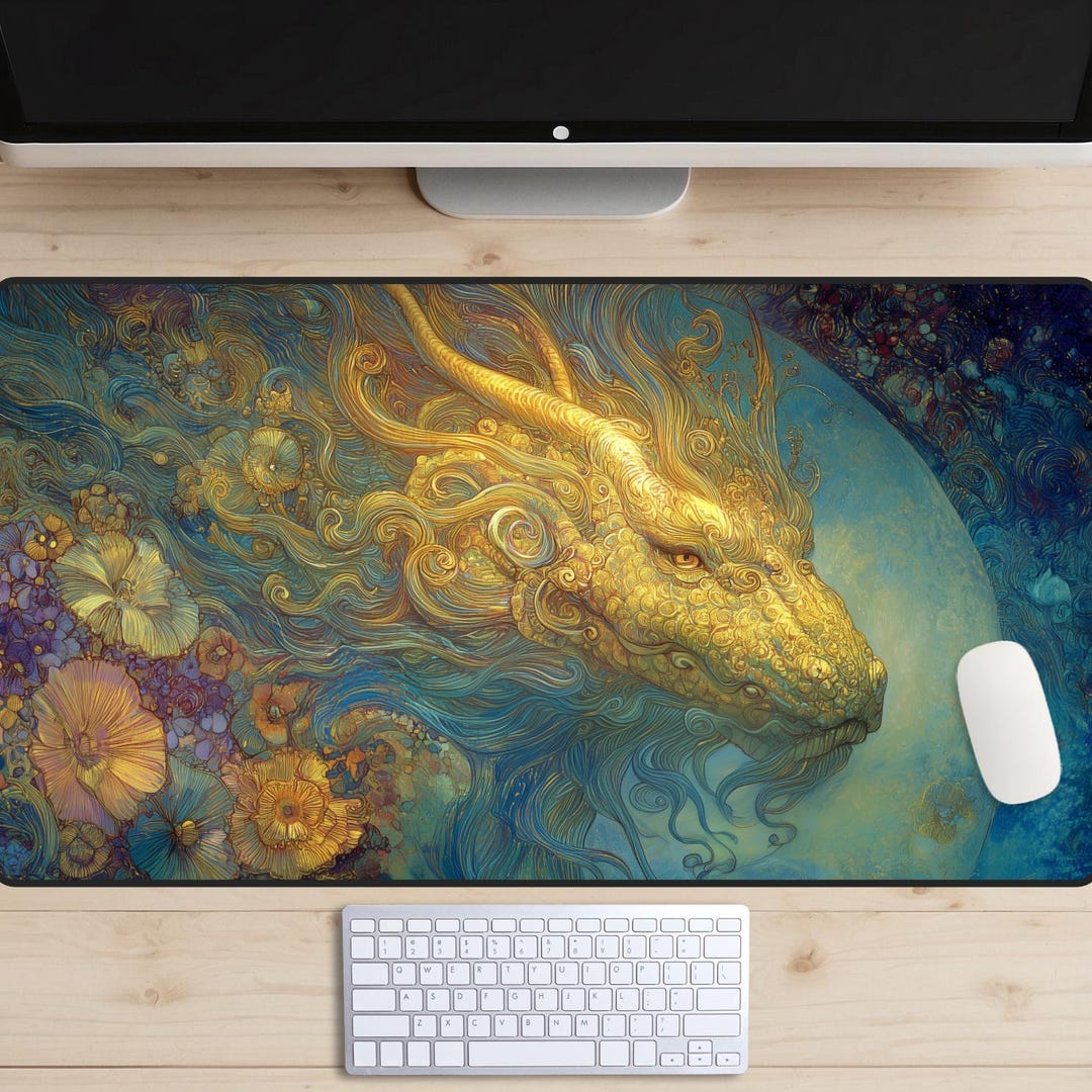 Ethereal Gold Dragon Desk Mat, Mythical Moonlit Creature Mouse Pad ...