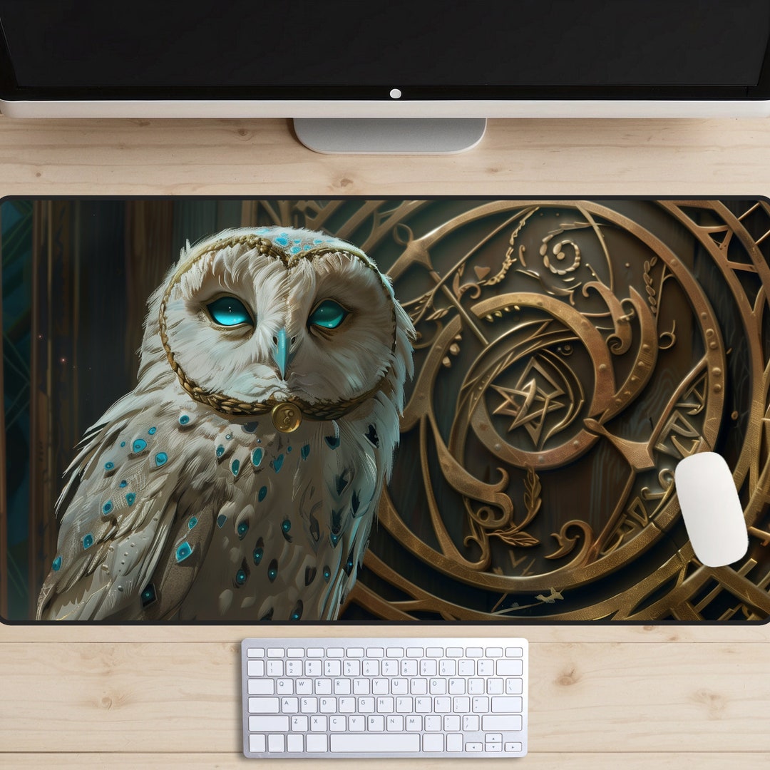 Mystical Owl Desk Mat, Magical Desk Pad, Barn Owl Mousepad, Magic Runes ...