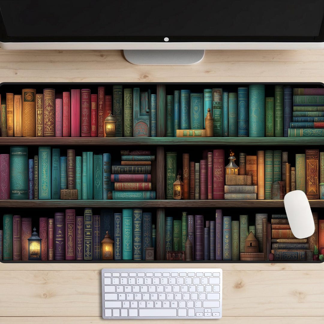 Colorful Bookshelf Desk Mat, Books on a Shelf Desk Pad, Library Desk ...
