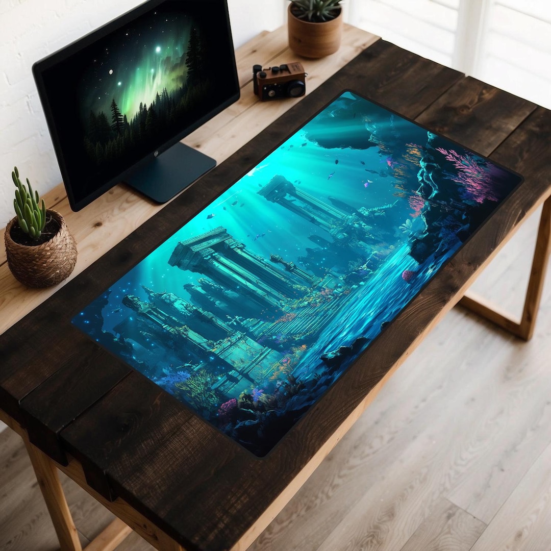 Atlantis Desk Mat, Underwater Ruins Desk Pad, Under the Sea Desk Topper ...