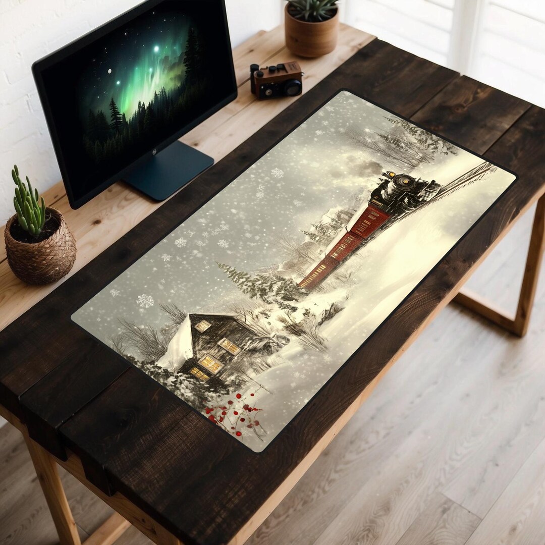 Snow Covered Train Ride Desk Mat, Christmas Train Desk Pad, Winter ...