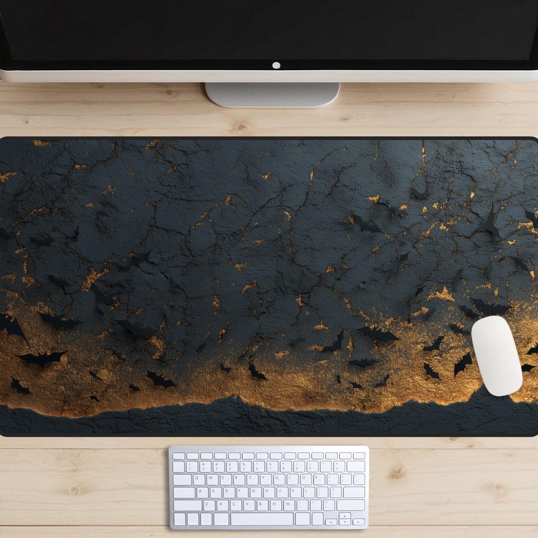 Bat Cave Desk Mat, Black and Gold Desk Pad, Bats Desk Topper, Rock ...