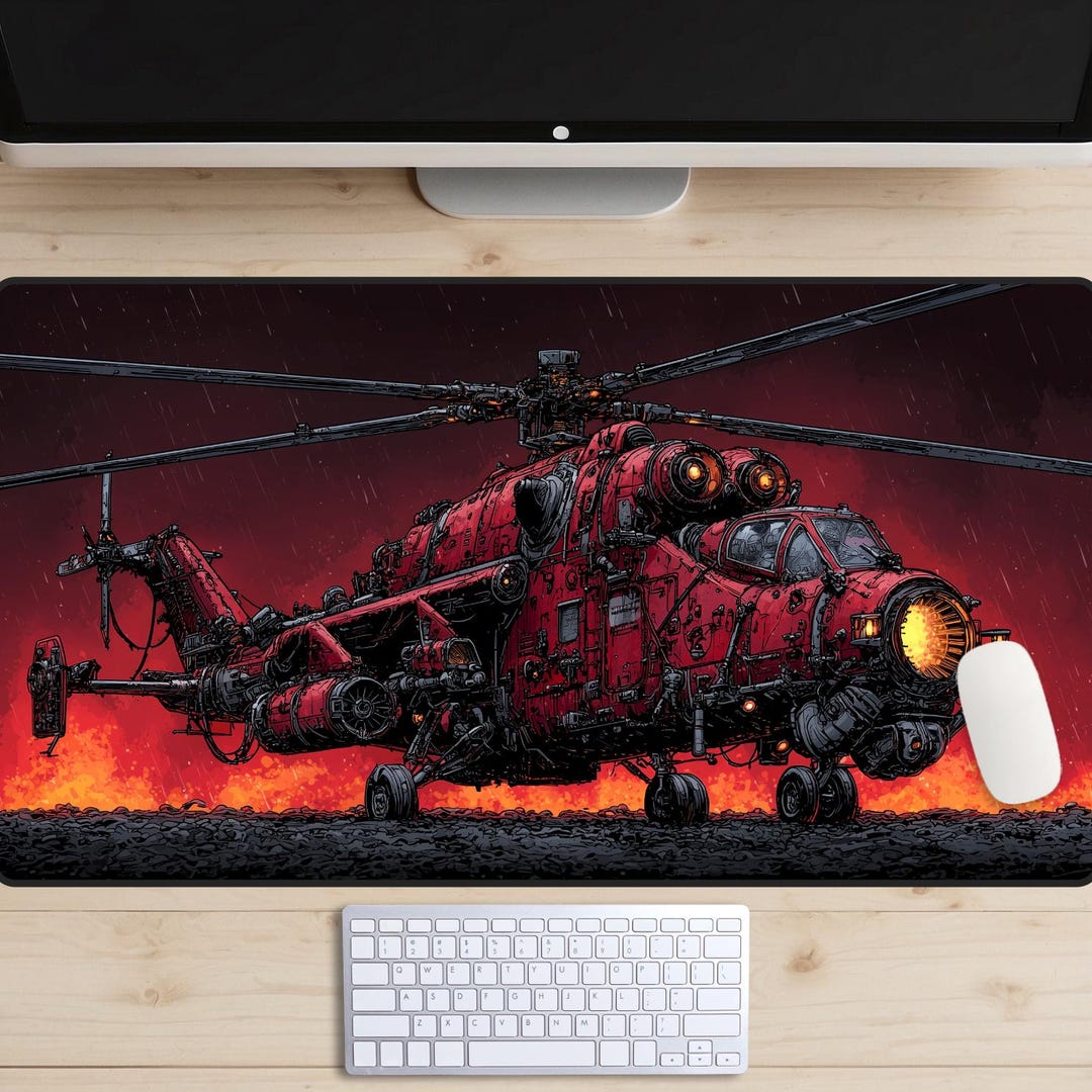 Dieselpunk War Helicopter Desk Mat, Sci-fi Military Tech Mouse Pad ...