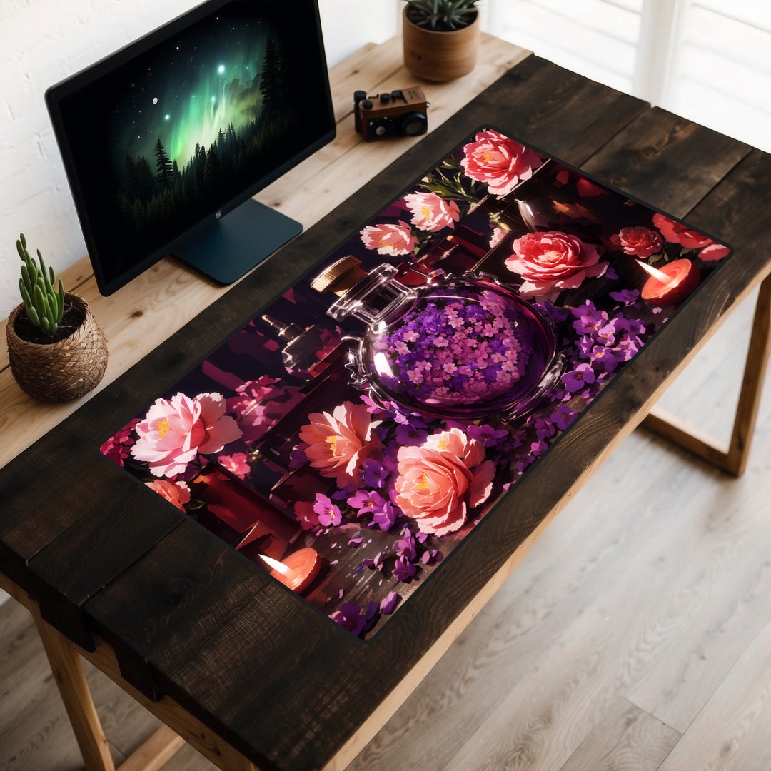 Love Potion Desk Mat, Flowers Desk Pad, Cozy Desk Mat, Pink Mousepad, Witchy Desk Mat, Botanical ...