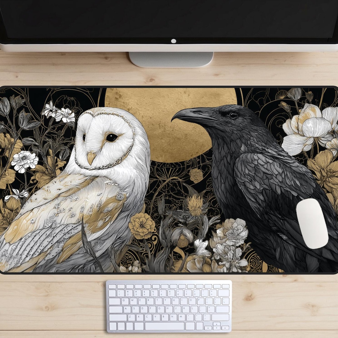 Owl and Raven Desk Mat, Mystical Birds Desk Pad, Black Crow Desk Topper ...