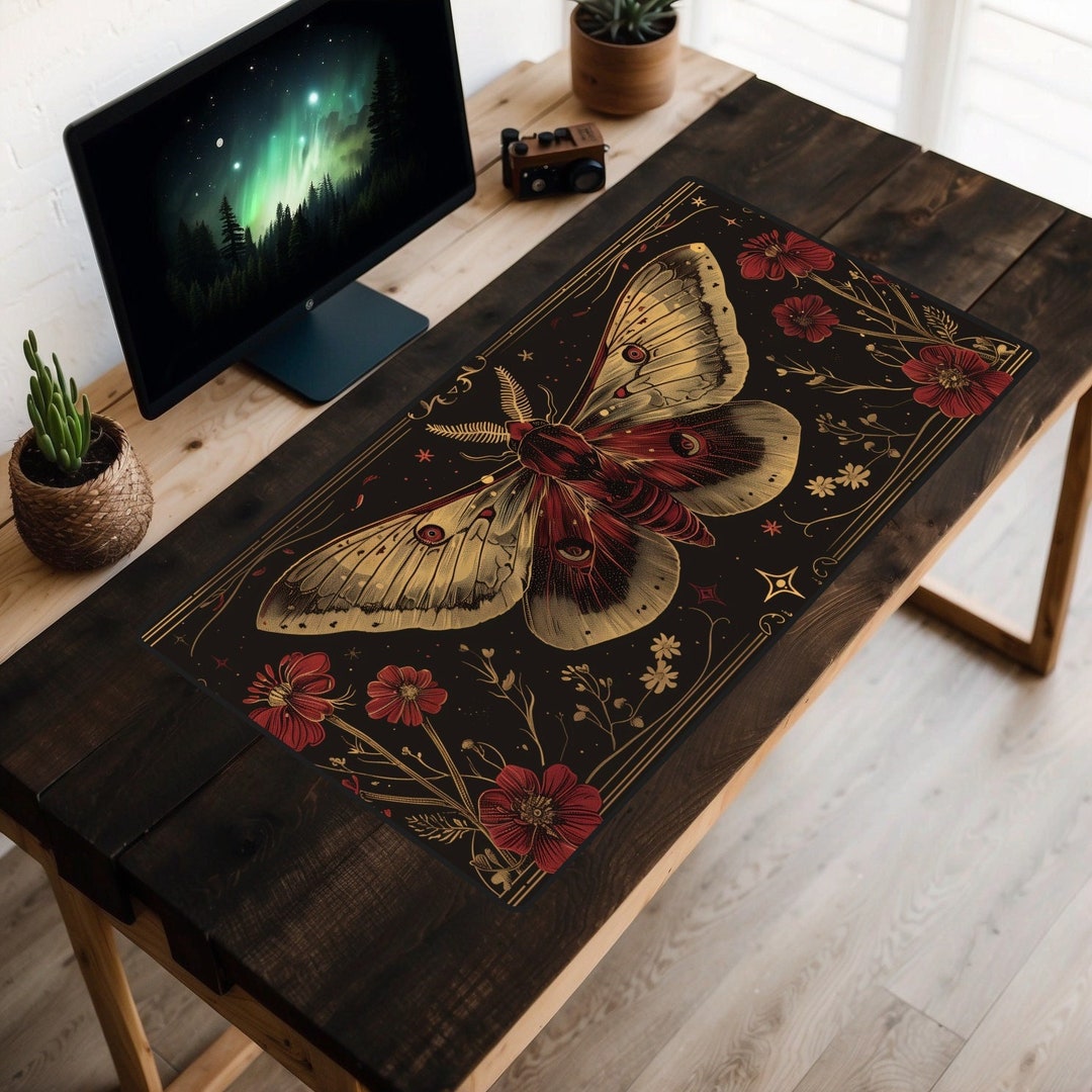 Twilight Moth Desk Mat, Cottagecore Moth Deskmat, Boho Flowers Desk Pad ...