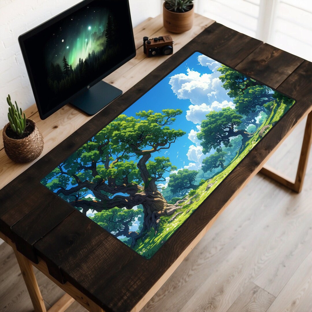 Sacred Trees Desk Mat, Tree of Life Desk Pad, Blue Sky Mousepad, Clouds ...