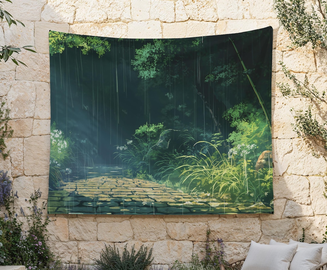 Rainy Garden Path Tapestry, Lofi Bamboo Forest Wall Hanging, Anime ...