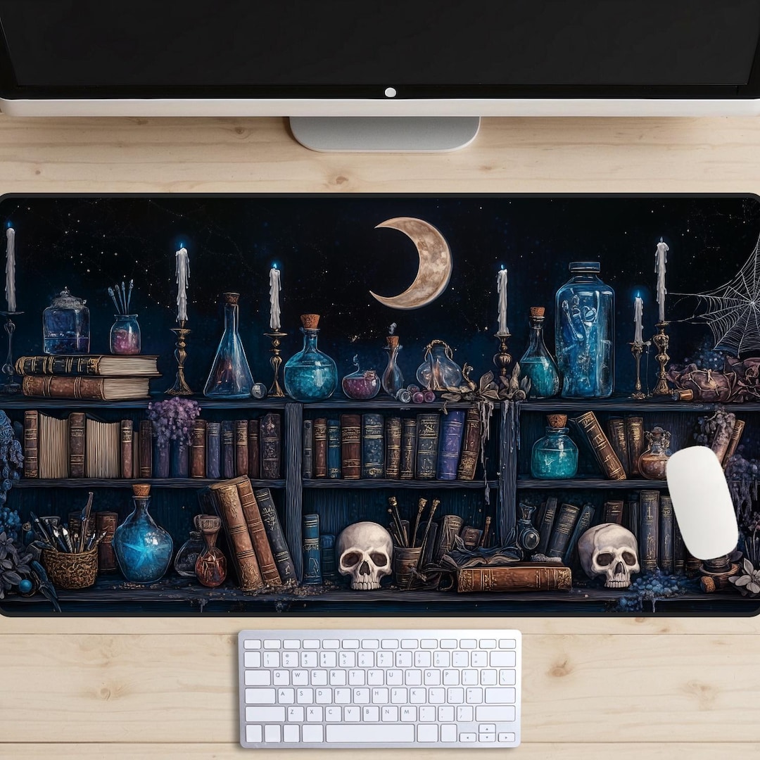 Midnight Witch's Bookshelf Desk Mat, Witchy Bookcase Desk Pad, Wicca ...