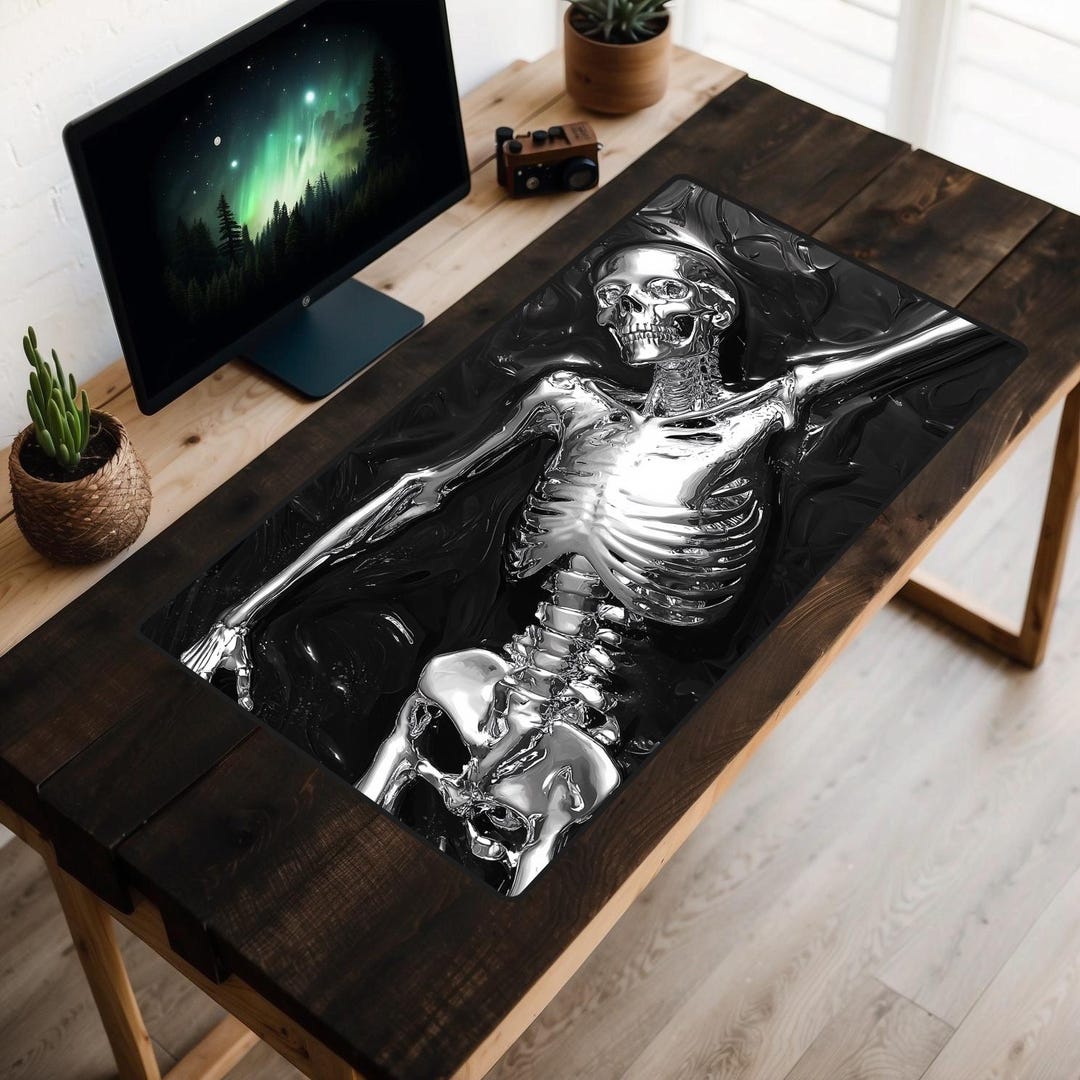 Chrome Skeleton Desk Mat, Skull Desk Pad, Gothic Macabre Desk Topper ...