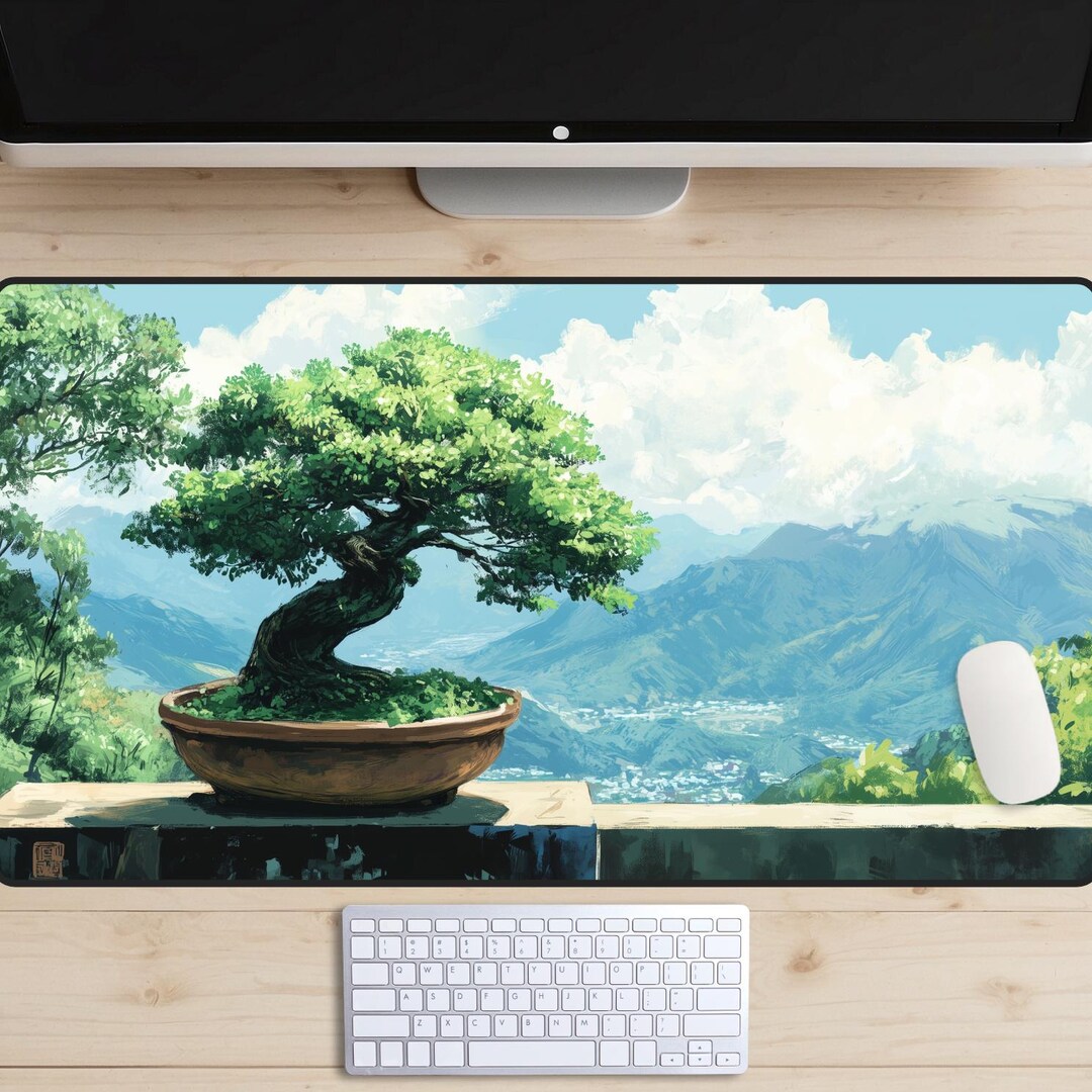 Bonsai Tree Desk Mat, Japanese Landscape Desk Pad, Green Trees Desk ...
