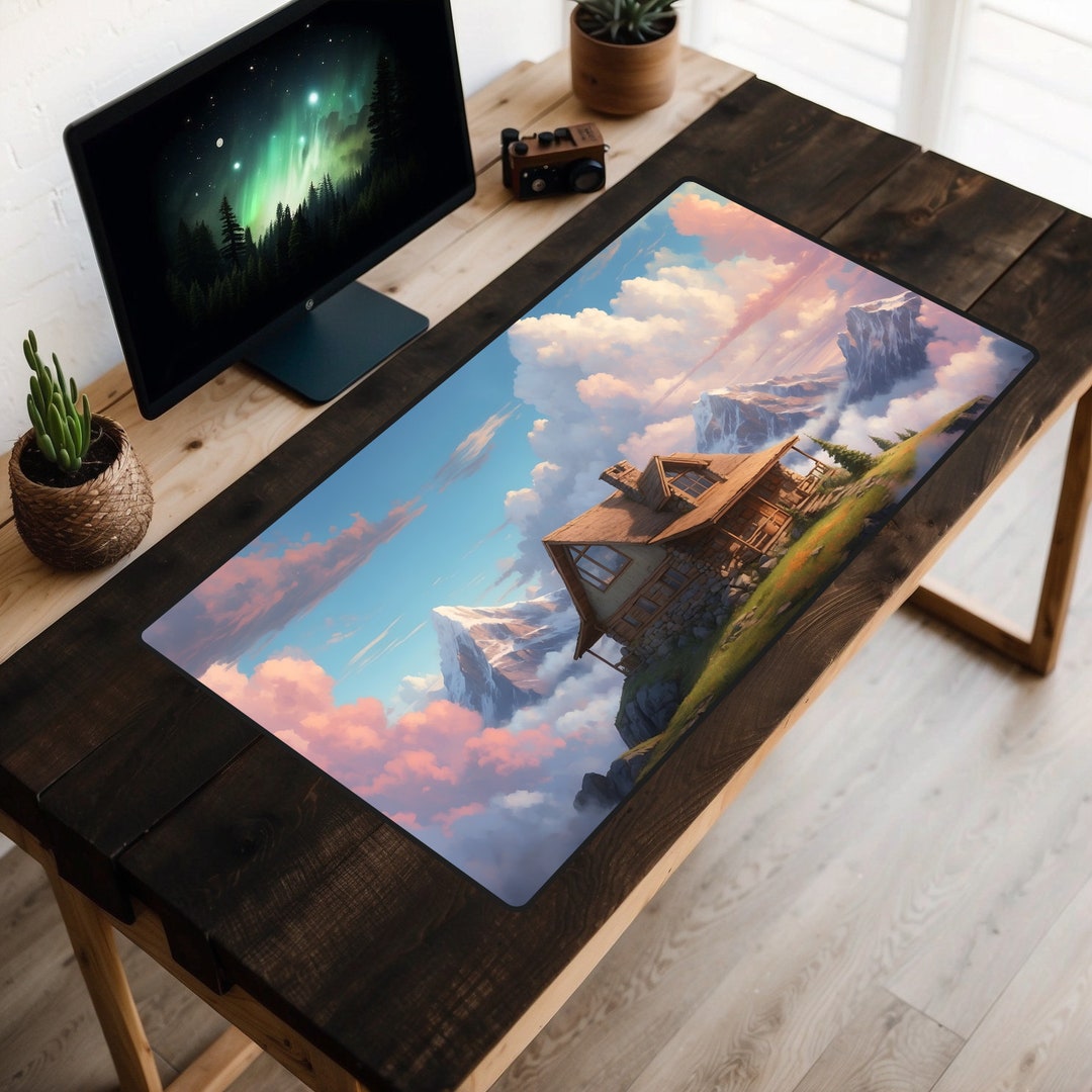 Mountain Cabin Desk Mat, Mountains Mousepad, Landscape Deskmat, Sunset ...