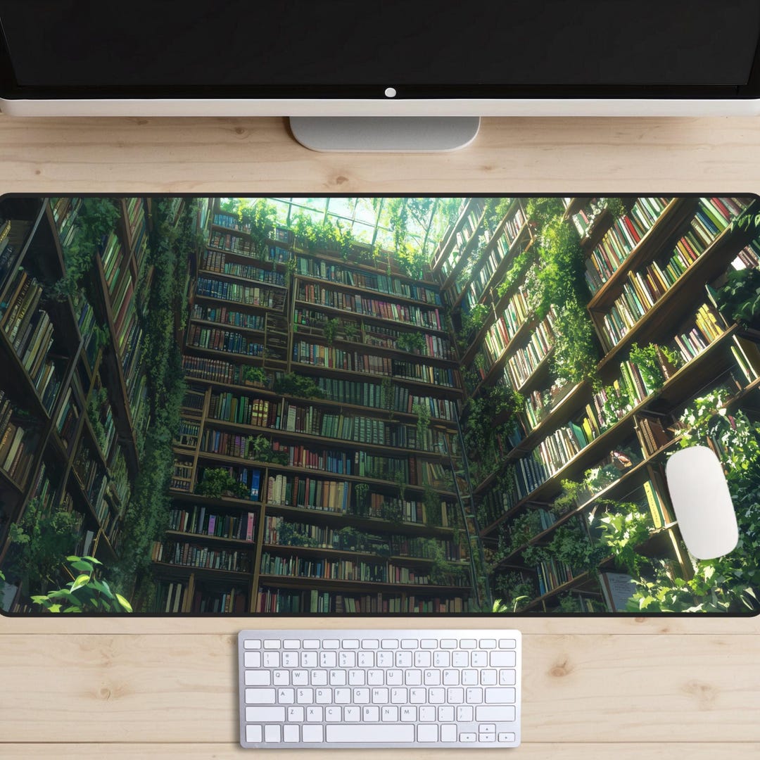 Forgotten Library Desk Mat, Shelves Full of Books Desk Pad, Fantasy ...