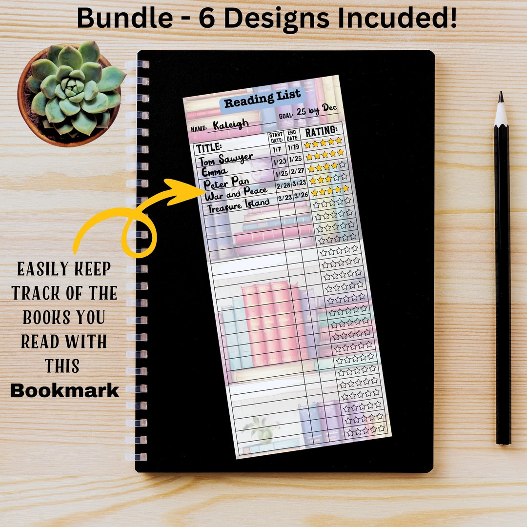 Printable Reading List Tracker Log Bookmark Bundle Set of 6, Cute ...