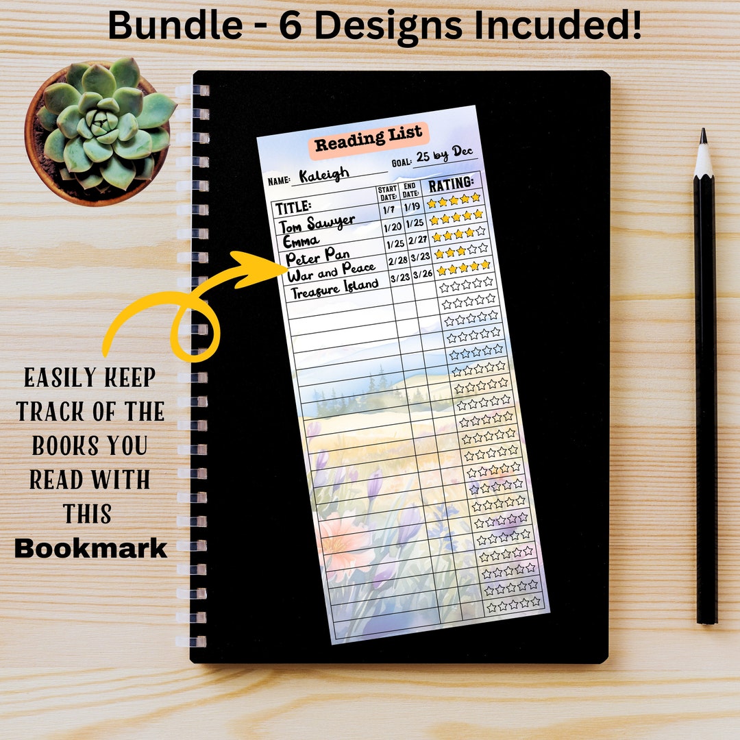 Printable Reading List Tracker Log Bookmark Bundle Set of 6, Pansy ...
