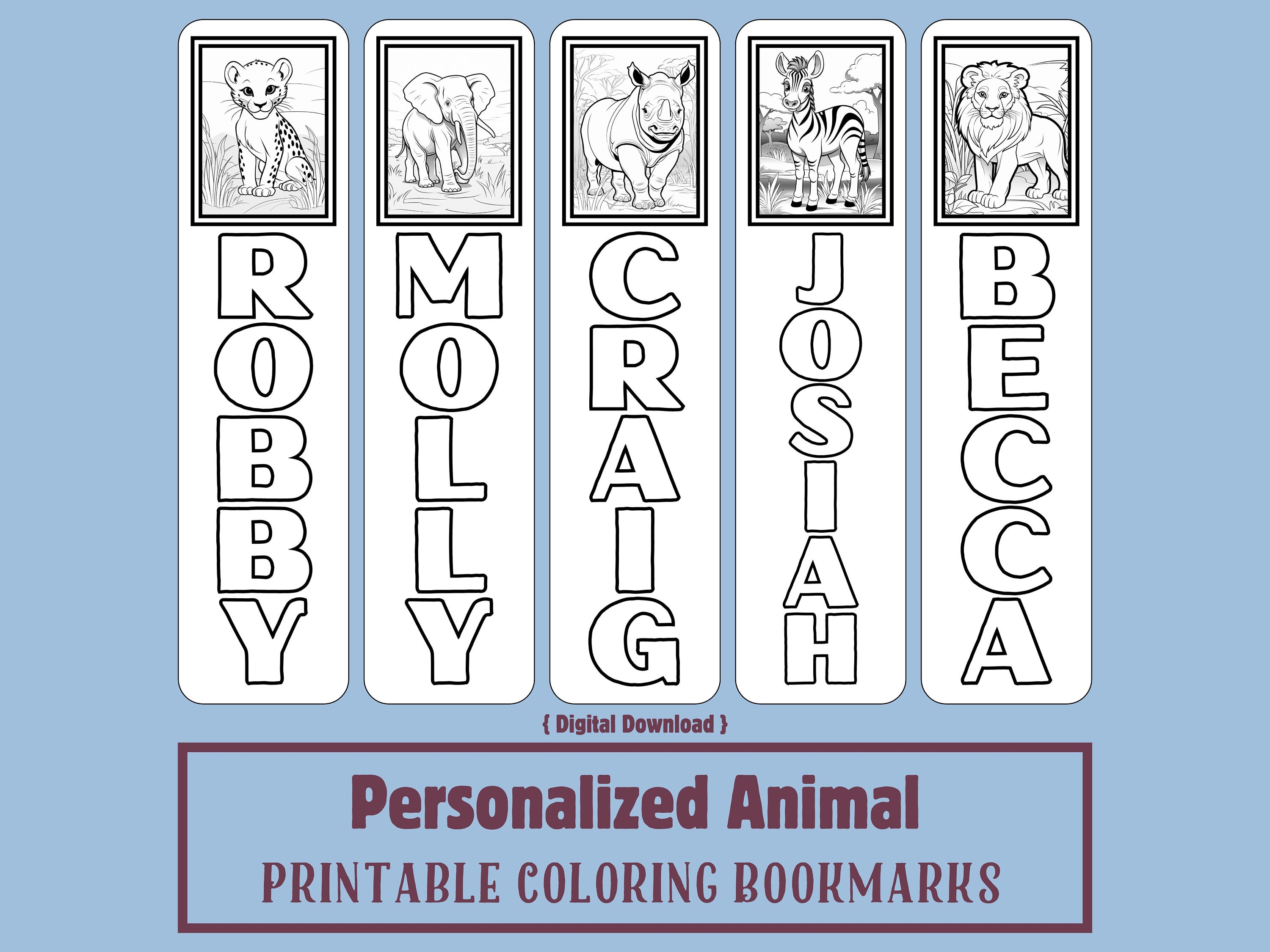 Printable Color Your Own Name Bookmark Bundle Set of 5, Cute Animal ...
