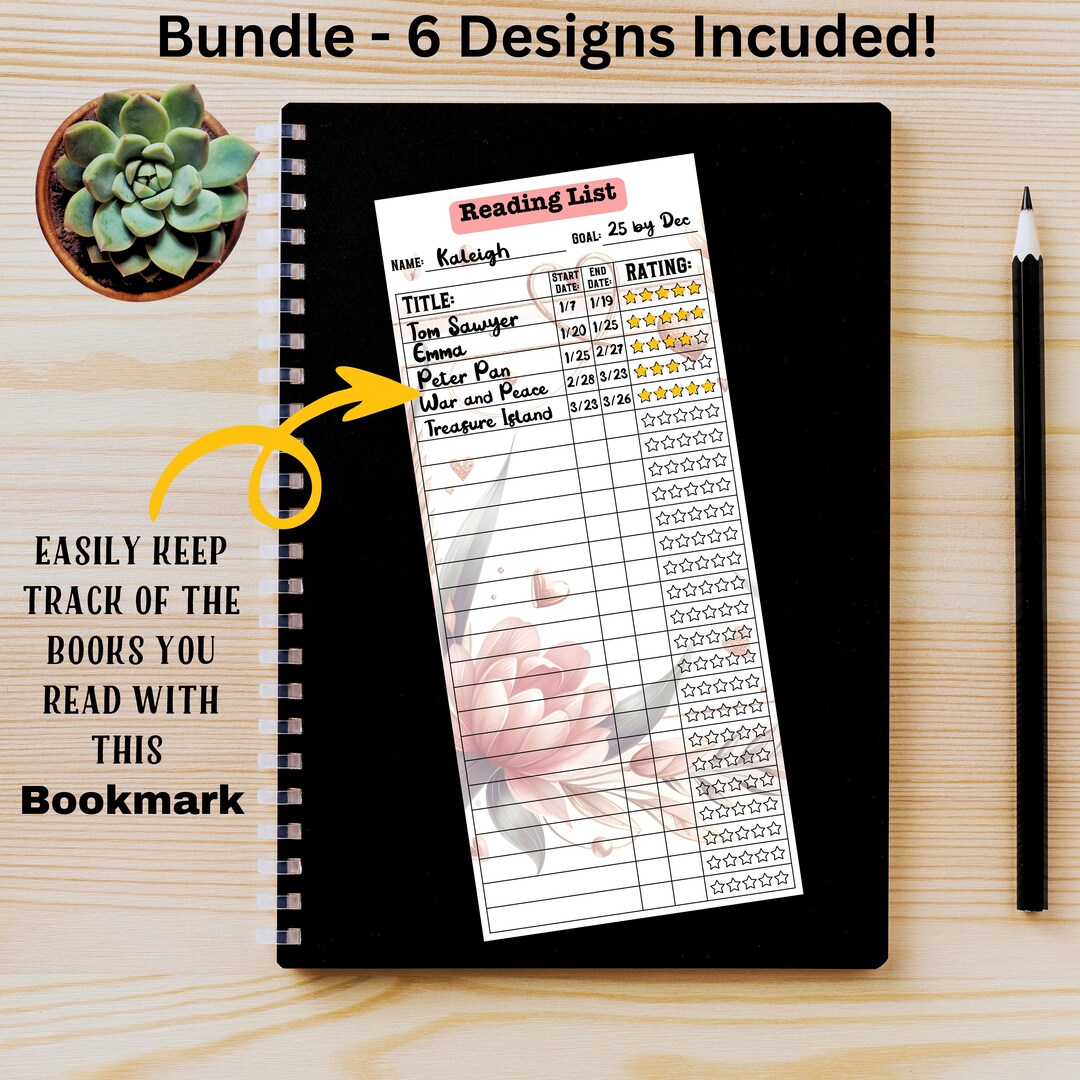 Printable Reading List Tracker Log Bookmark Bundle Set of 6, Tulip ...