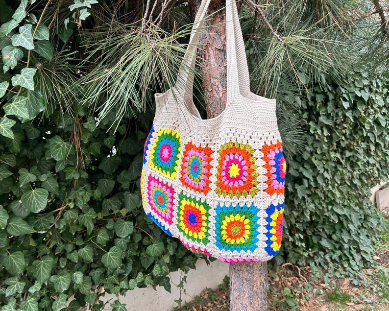 Handcrafted Retro Granny Square Beach Bag,colorful Hippie Shoulder Tote ...