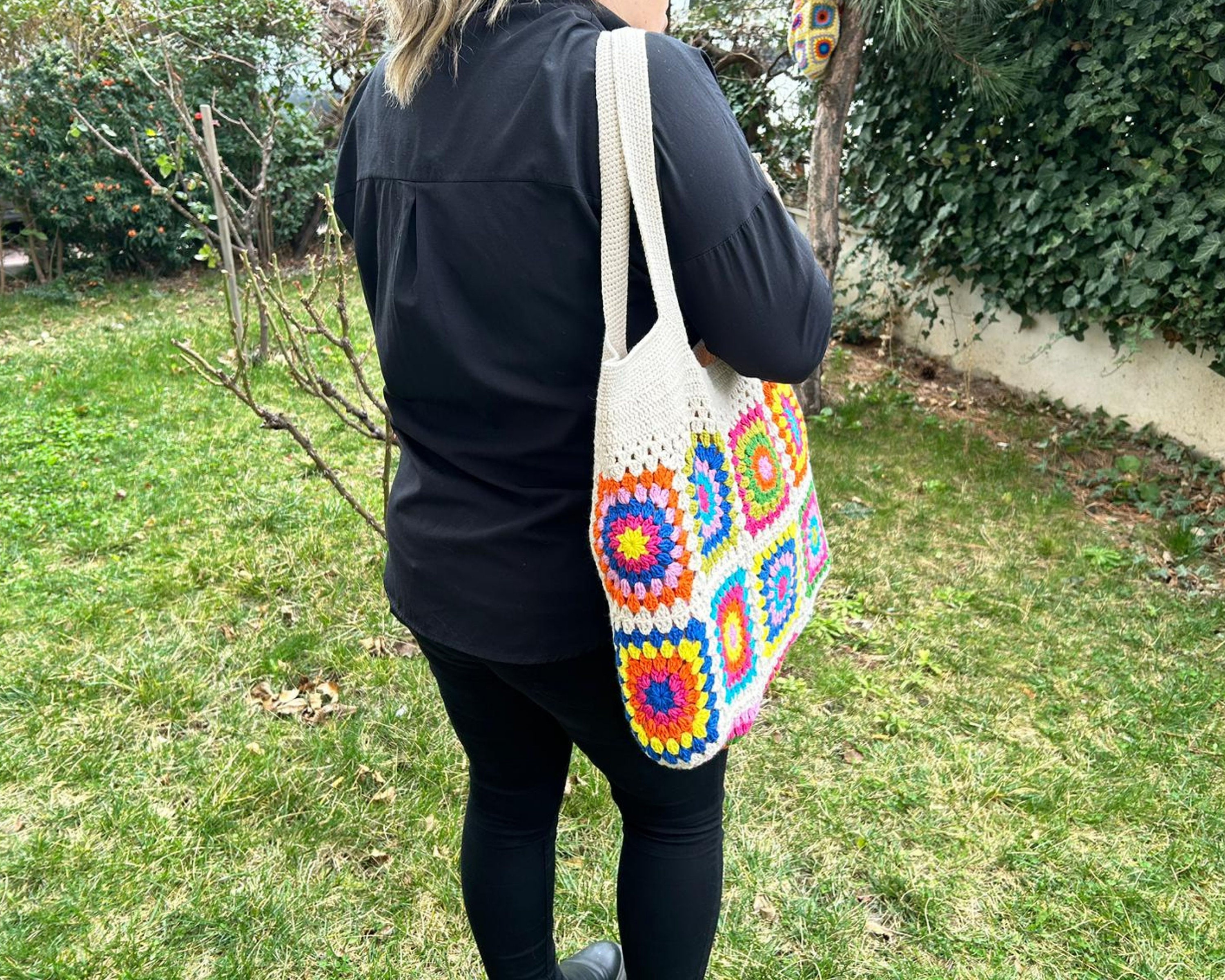 Handcrafted Retro Granny Square Beach Bag,colorful Hippie Shoulder Tote ...