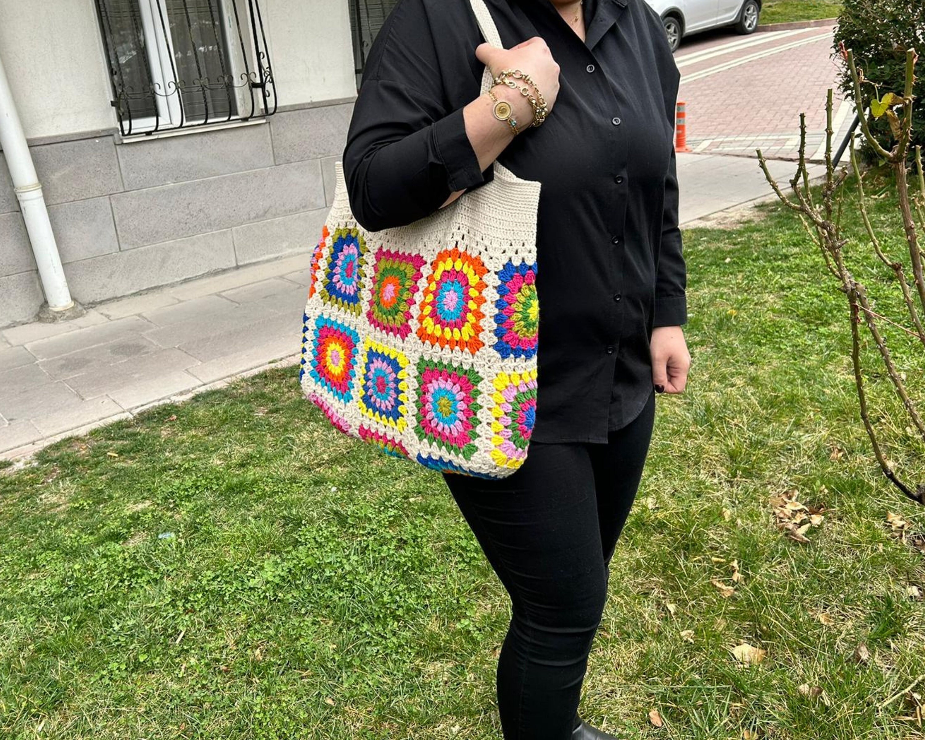 Handcrafted Retro Granny Square Beach Bag,colorful Hippie Shoulder Tote ...