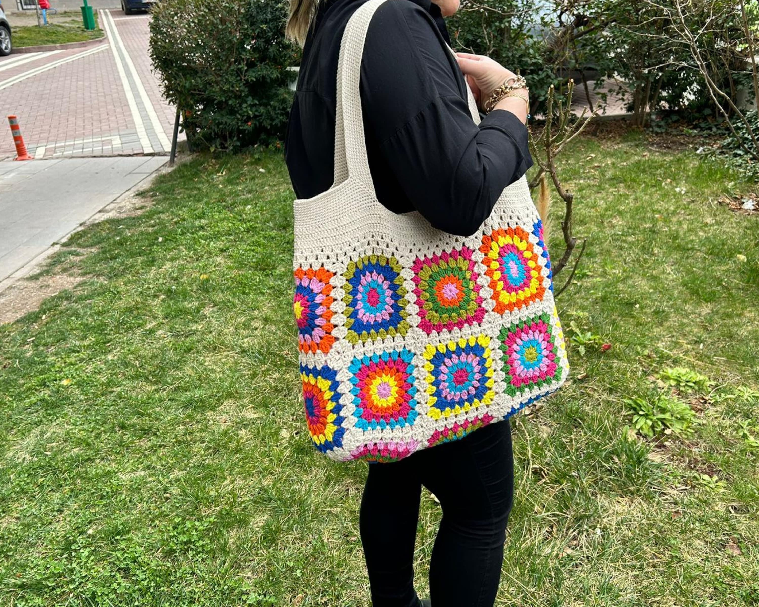 Handcrafted Retro Granny Square Beach Bag,colorful Hippie Shoulder Tote ...