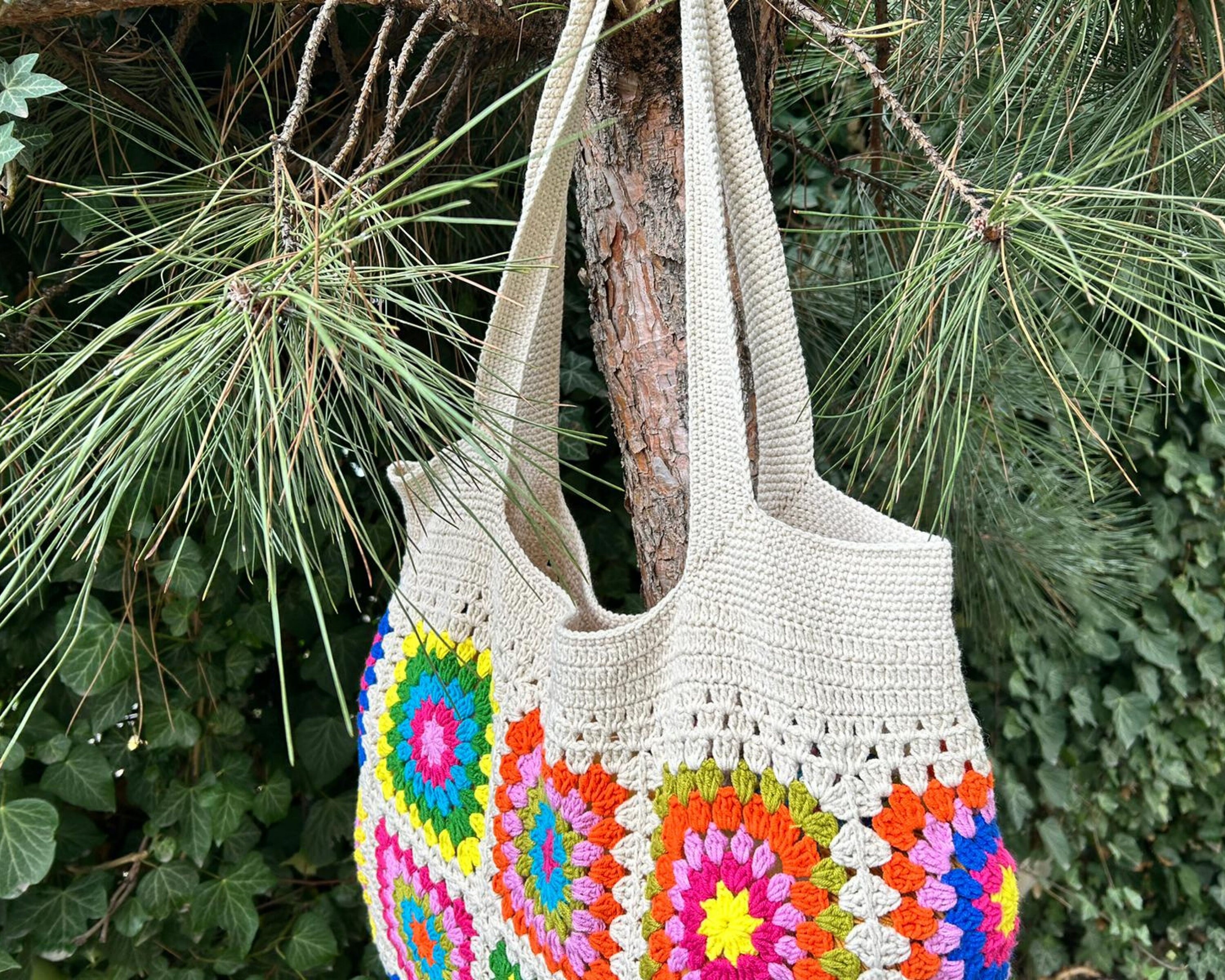 Handcrafted Retro Granny Square Beach Bag,colorful Hippie Shoulder Tote ...