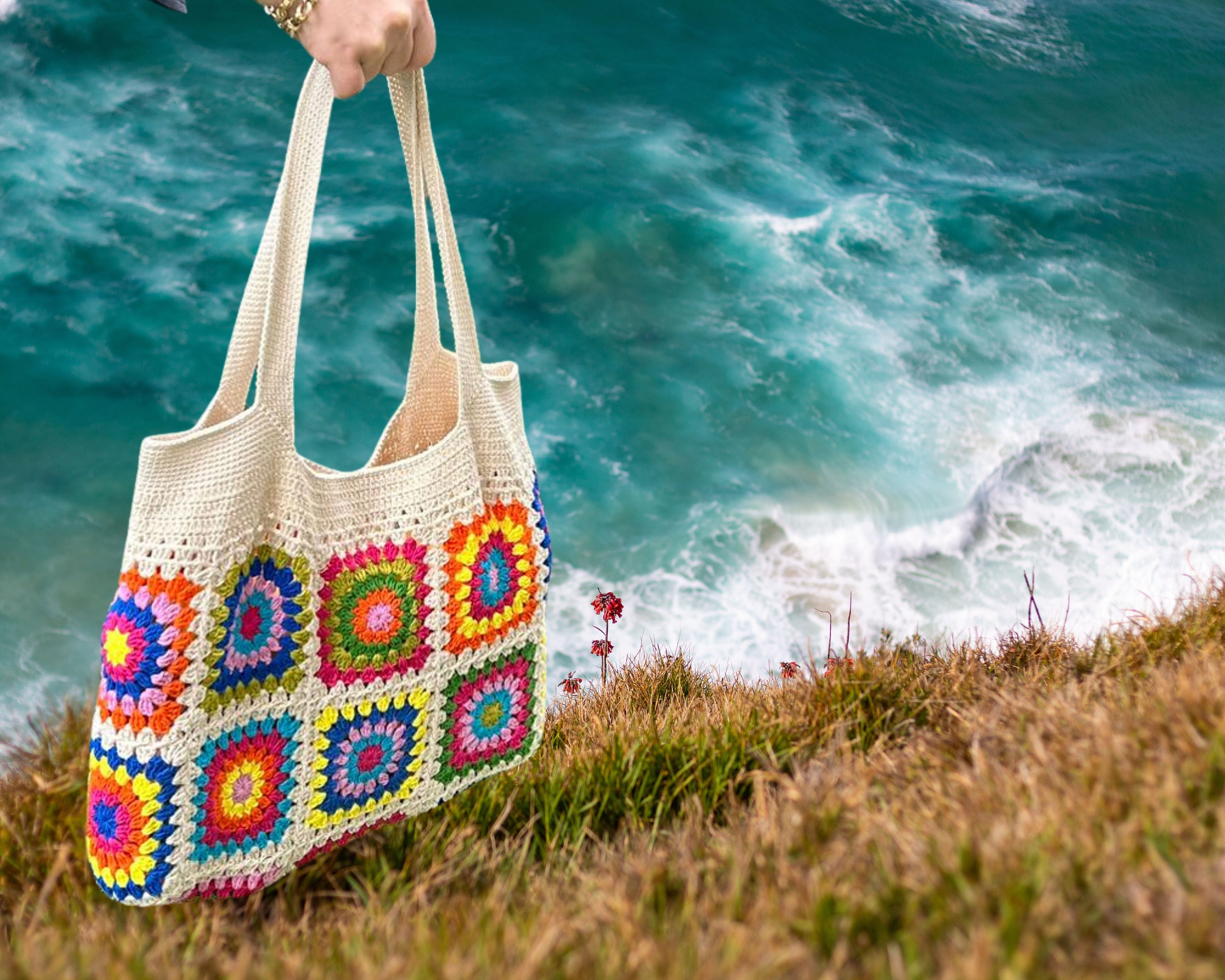 Handcrafted Retro Granny Square Beach Bag,colorful Hippie Shoulder Tote ...