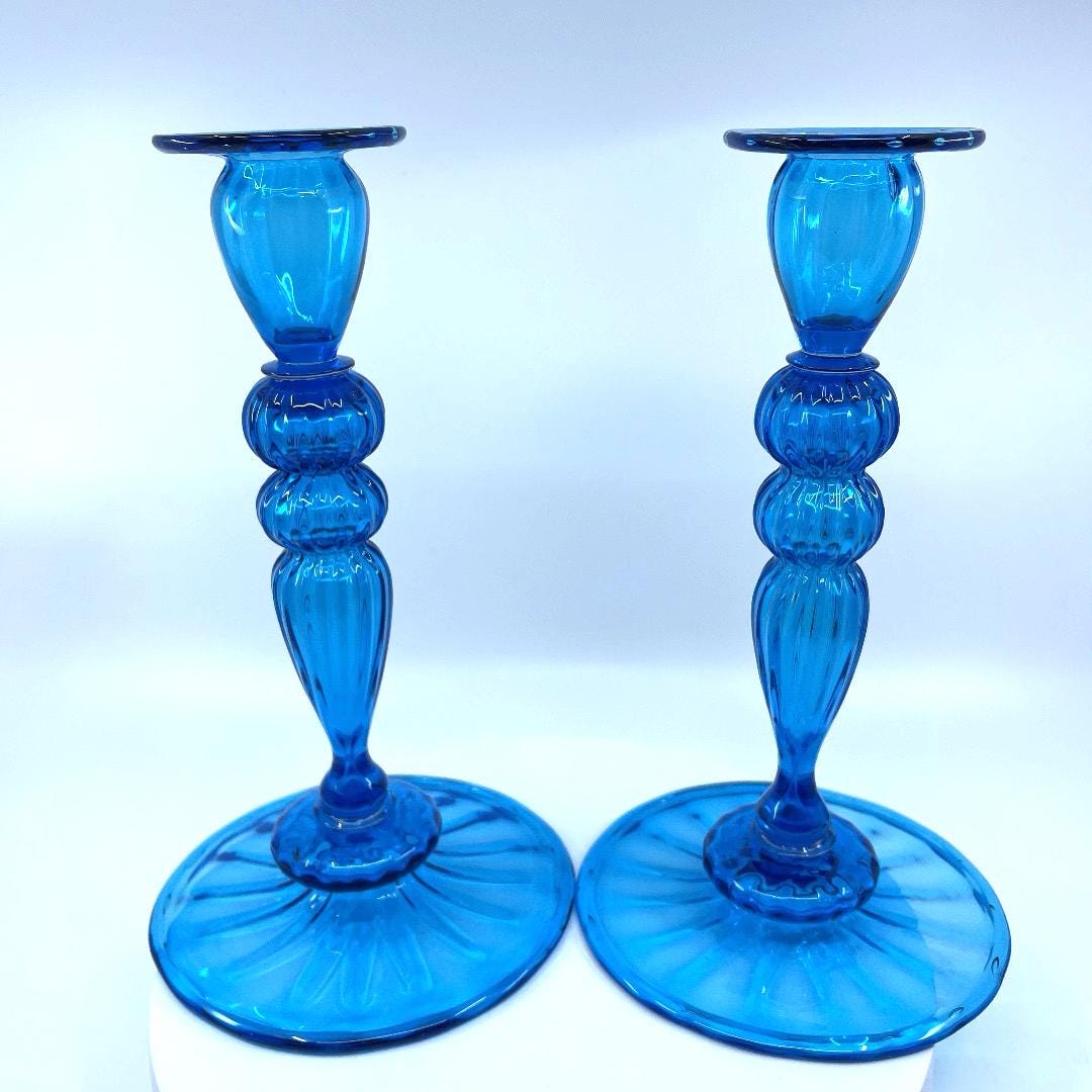 Pair Antique 1920 Steuben Celeste Blue Candlesticks #2956, Frederick ...