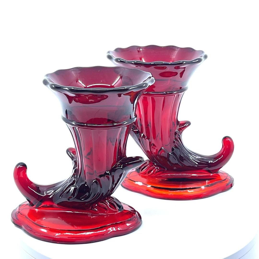Vintage Red Glass Cornucopia Vases Pair – Scalloped Rim Centerpiece ...