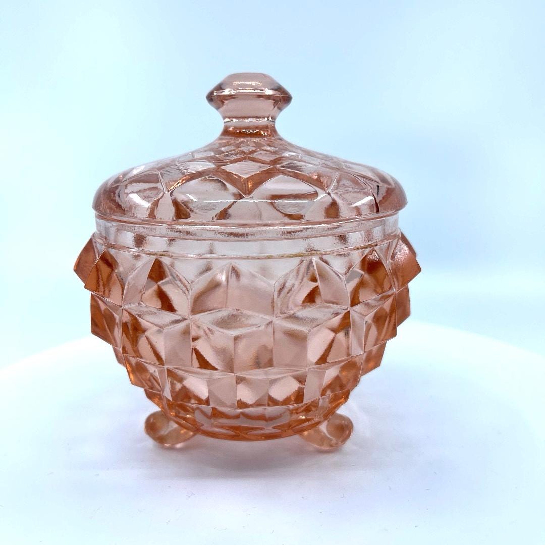 Vintage Jeanette Glass Pink Powder Jar Lid Candy Dish Cubist Pattern ...