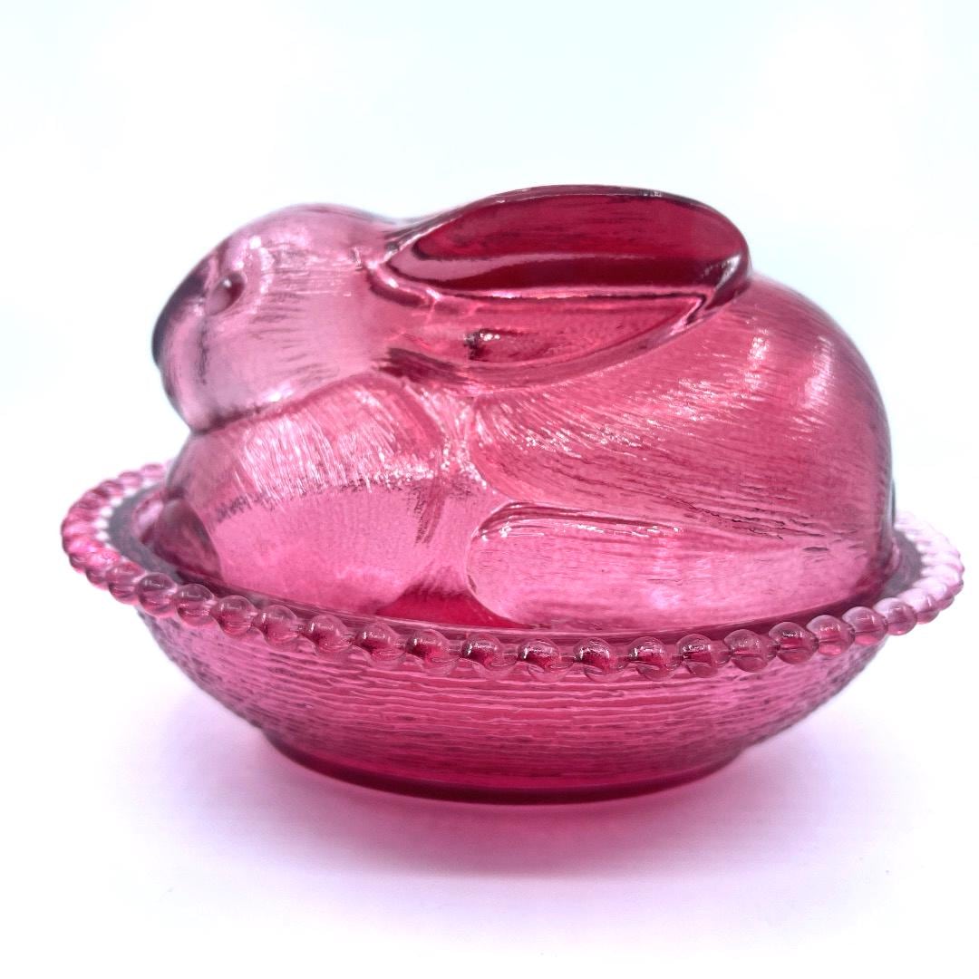 Vintage Indiana Glass Cranberry Glass Bunny Rabbit on Nest Covered ...