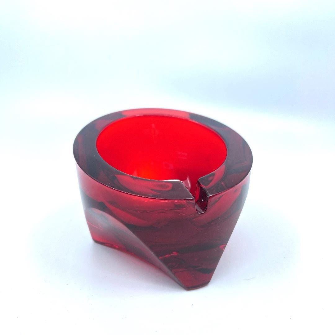 Vintage MCM VIKING Art Glass Ruby Red Atomic Orb Tripod Slant Ashtray ...