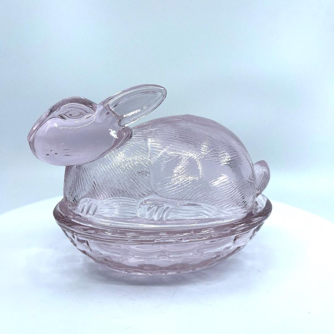 Vintage LE Smith Pink Glass Bunny Rabbit on Nest Covered Candy Trinket ...