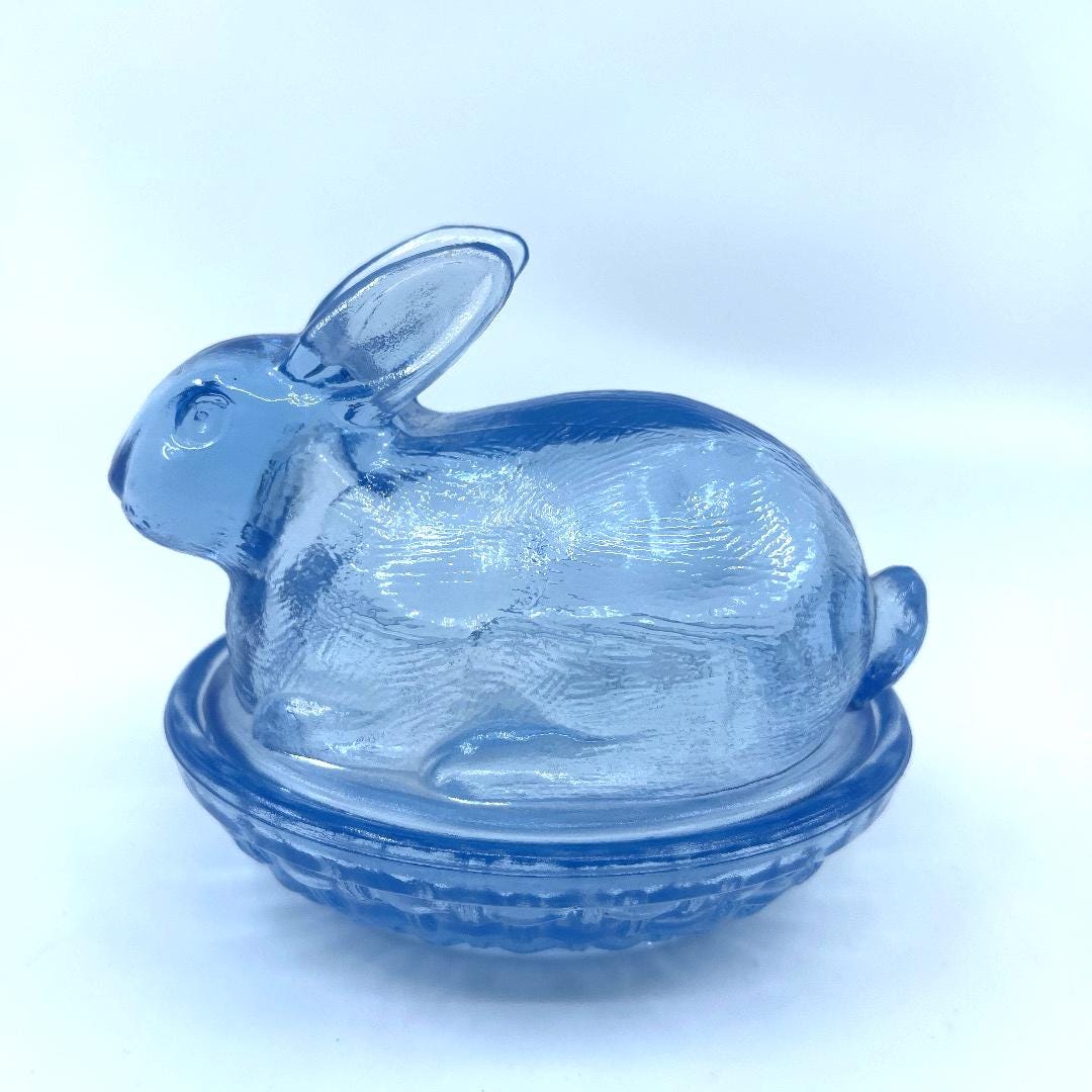 Vintage LE Smith Blue Glass Bunny Rabbit on Nest Covered Candy Trinket ...