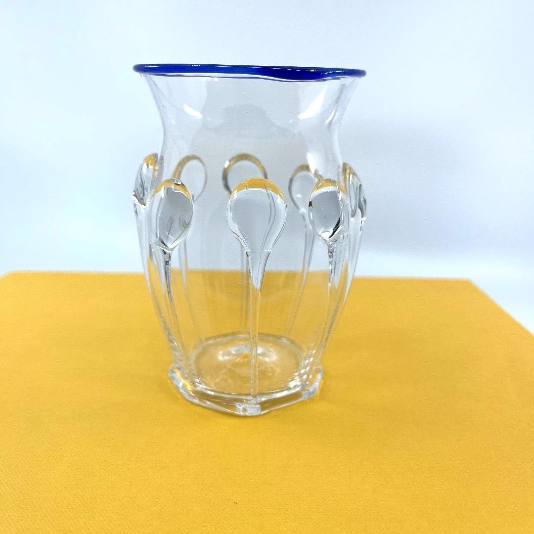Delicate Bollenglass Hand-blown Clear Glass Vase Blue Coblat Rim Trim ...