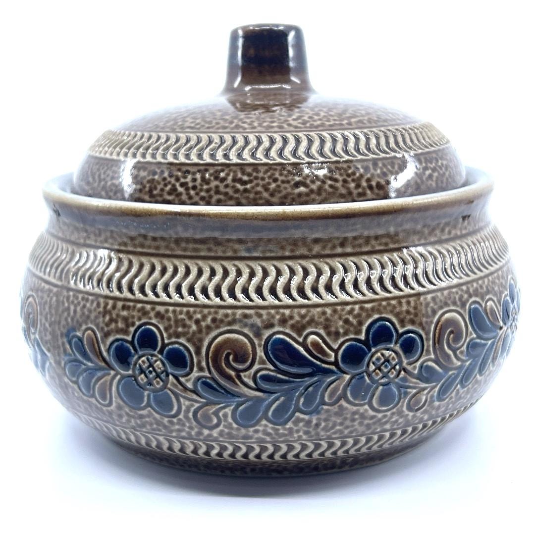 Vintage 1960 German Marzi & Remy Lidded Ceramic Bowl, 0634/02, MCM Brown Blue Floral Pottery ...