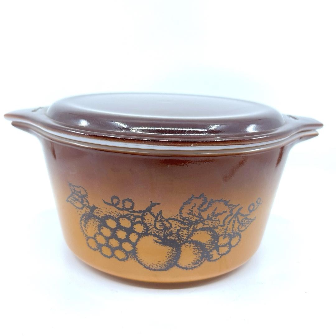Vtg Pyrex 473 Old Orchard Yellow Brown Fruit Pattern 1 Qt Lidded ...