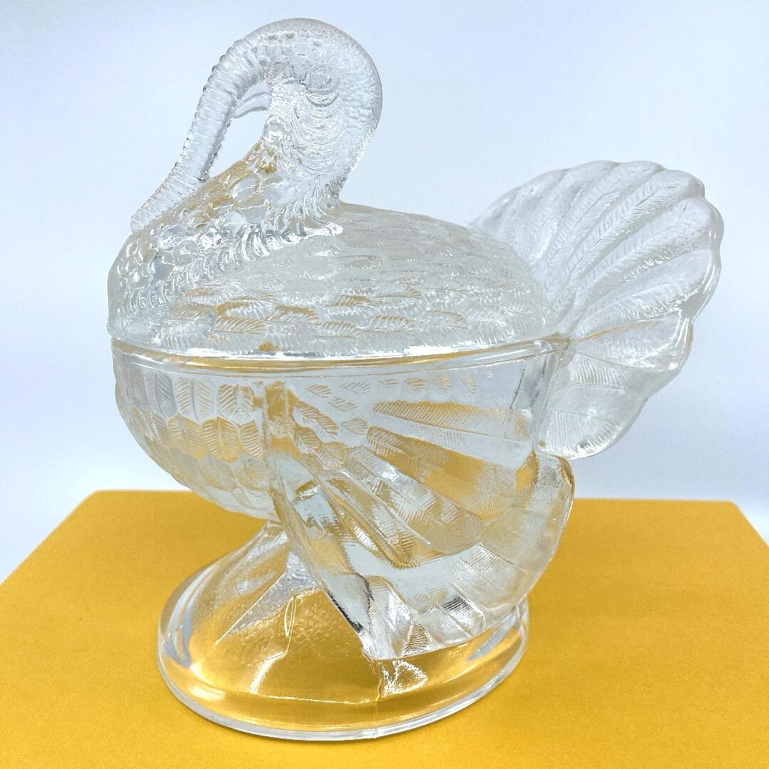 Vtg LE Smith Large Clear Glass Turkey on Nest Covered Candy Nut Trinket ...