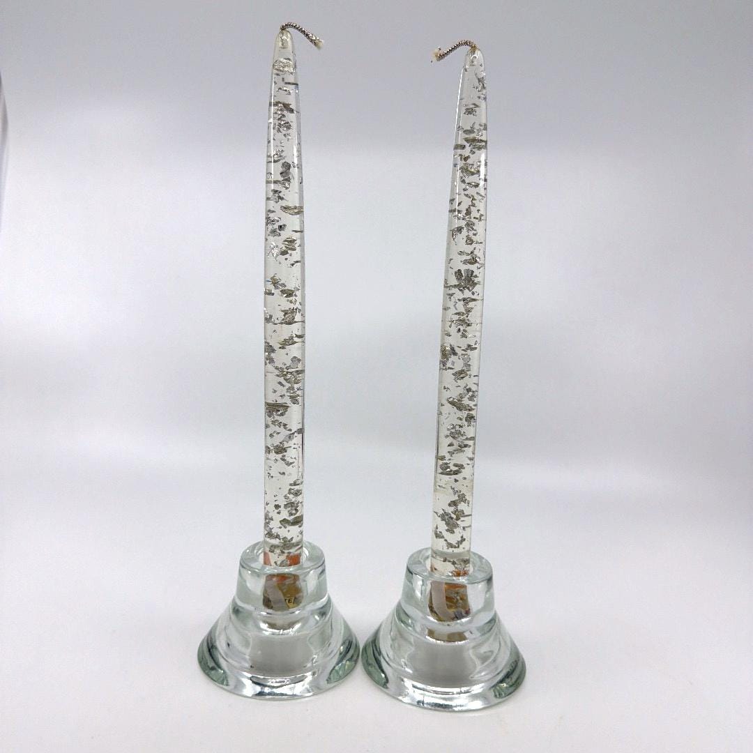 Pair of MCM Clear Lucite Candles With Silver Flecks 10" | Mid Century ...