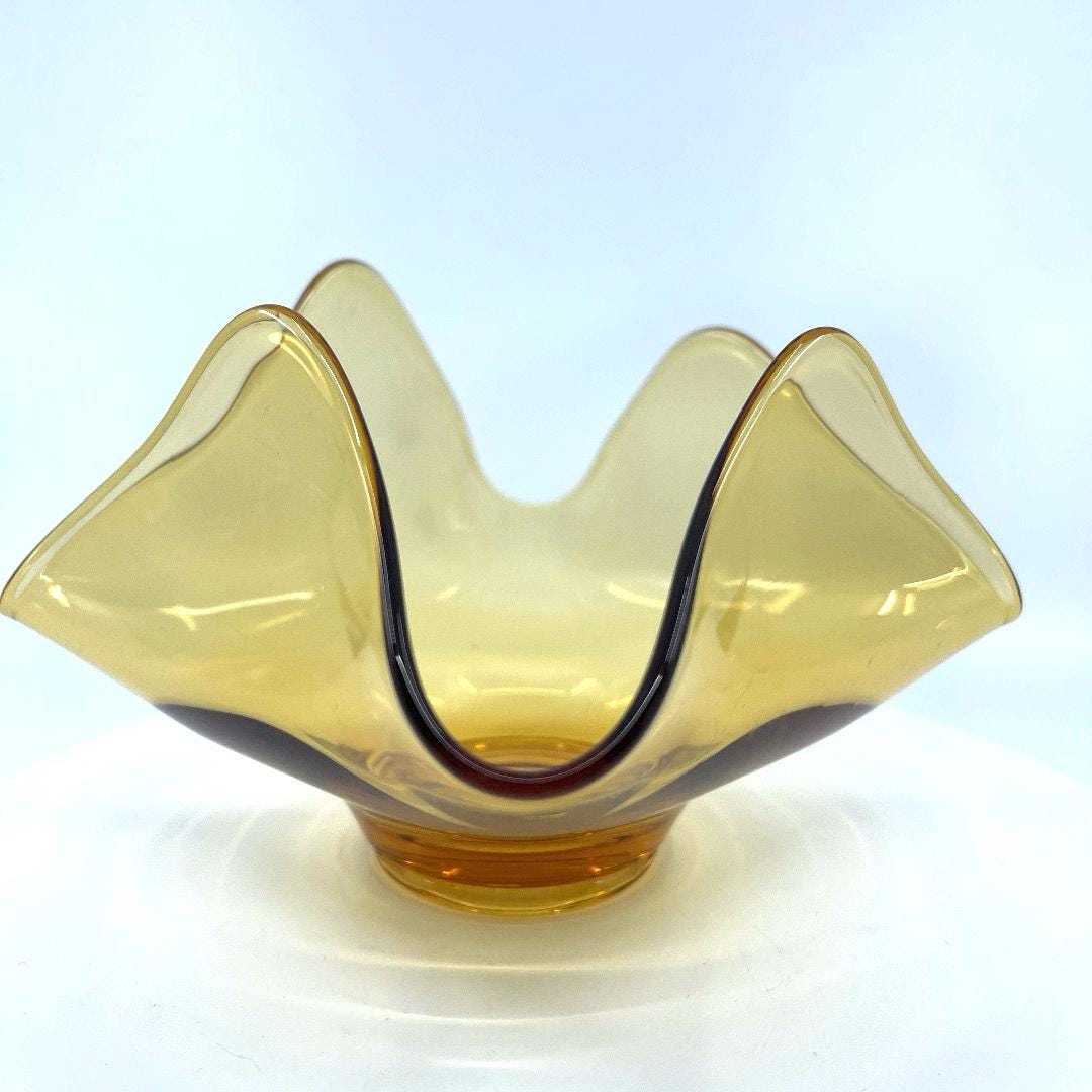 Vintage MCM VIKING Art Glass Amber Epic Loop Handkerchief Bowl, Retro ...