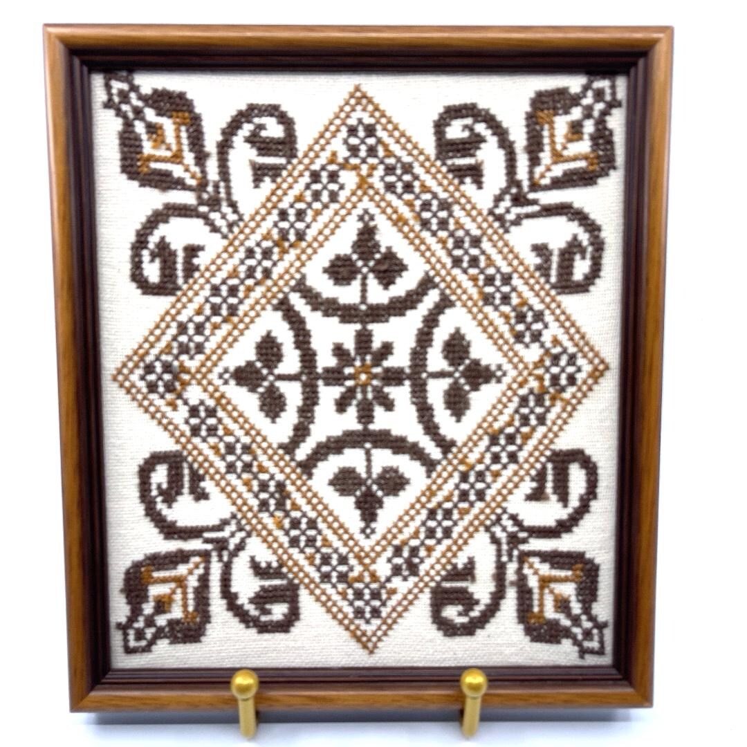 Vintage Brown Tan White Framed Medallion Needlepoint, Ready to Hang ...