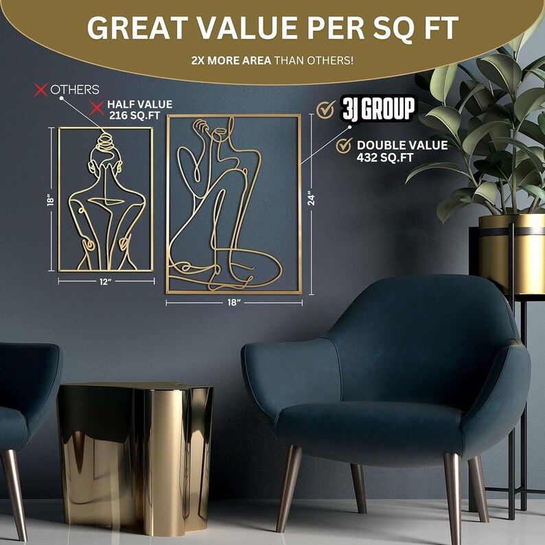 3J Group XL Metal Line Art Gold Wall Decor 18 X 24 Inches,extra Thick W ...