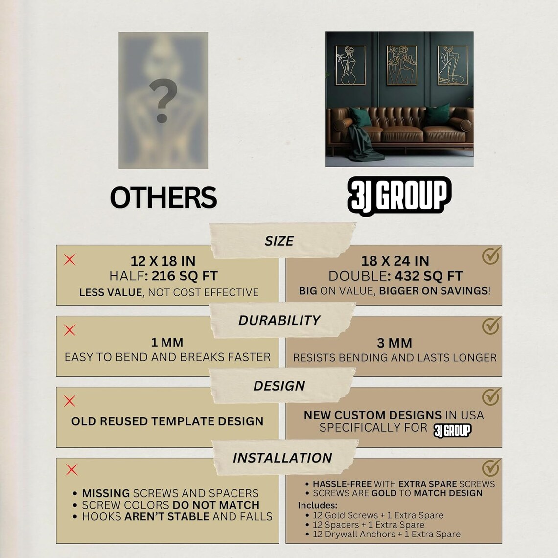 3J Group XL Metal Line Art Gold Wall Decor 18 X 24 Inches,extra Thick W ...