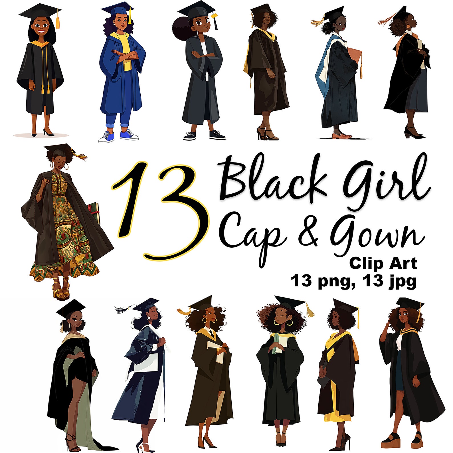 13 Pack Graduation Clip Art, Black Women Vector Graphics, Sublimation ...