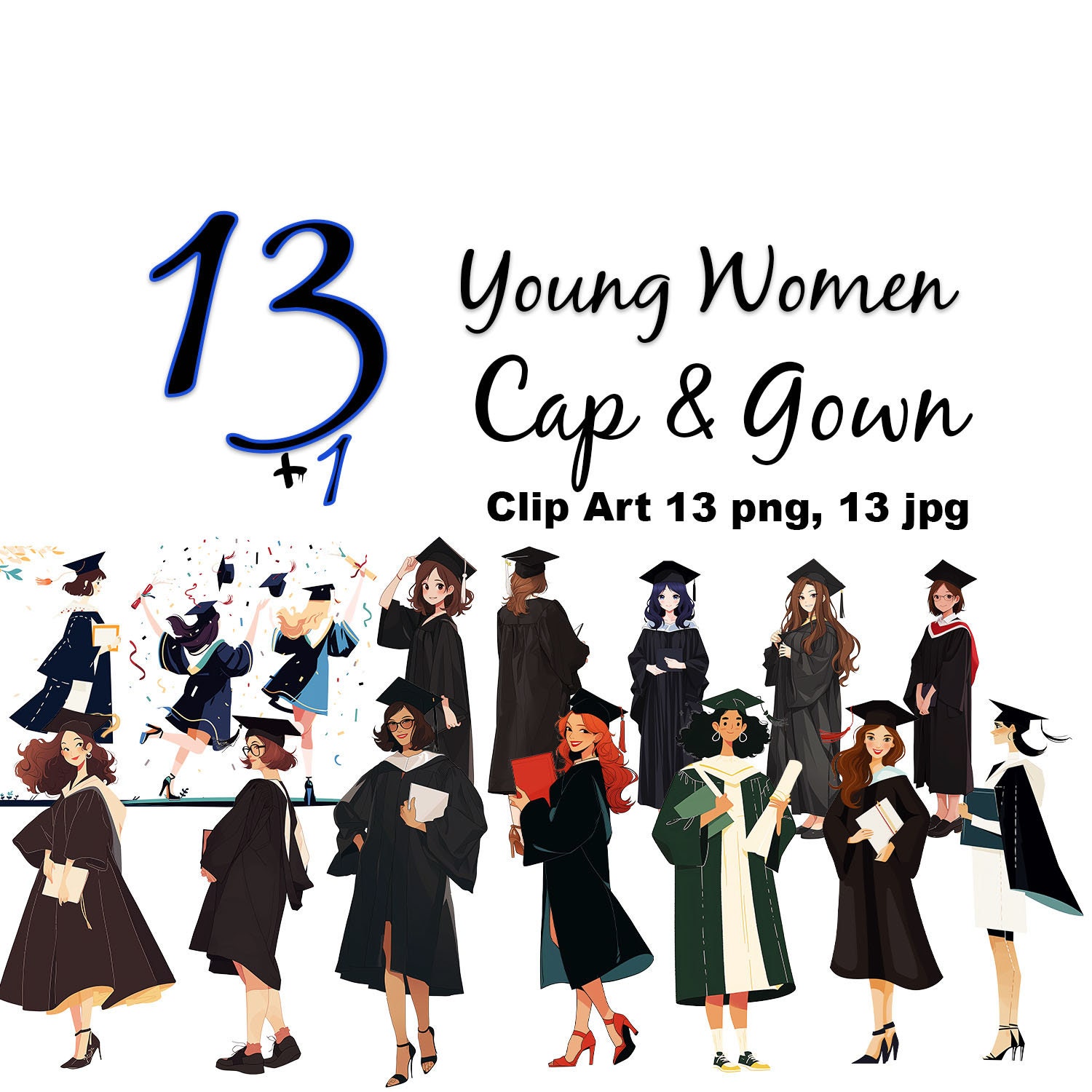 Graduation Young Women Cap Gown 13 Set, Diploma Ceremony Student JPG ...