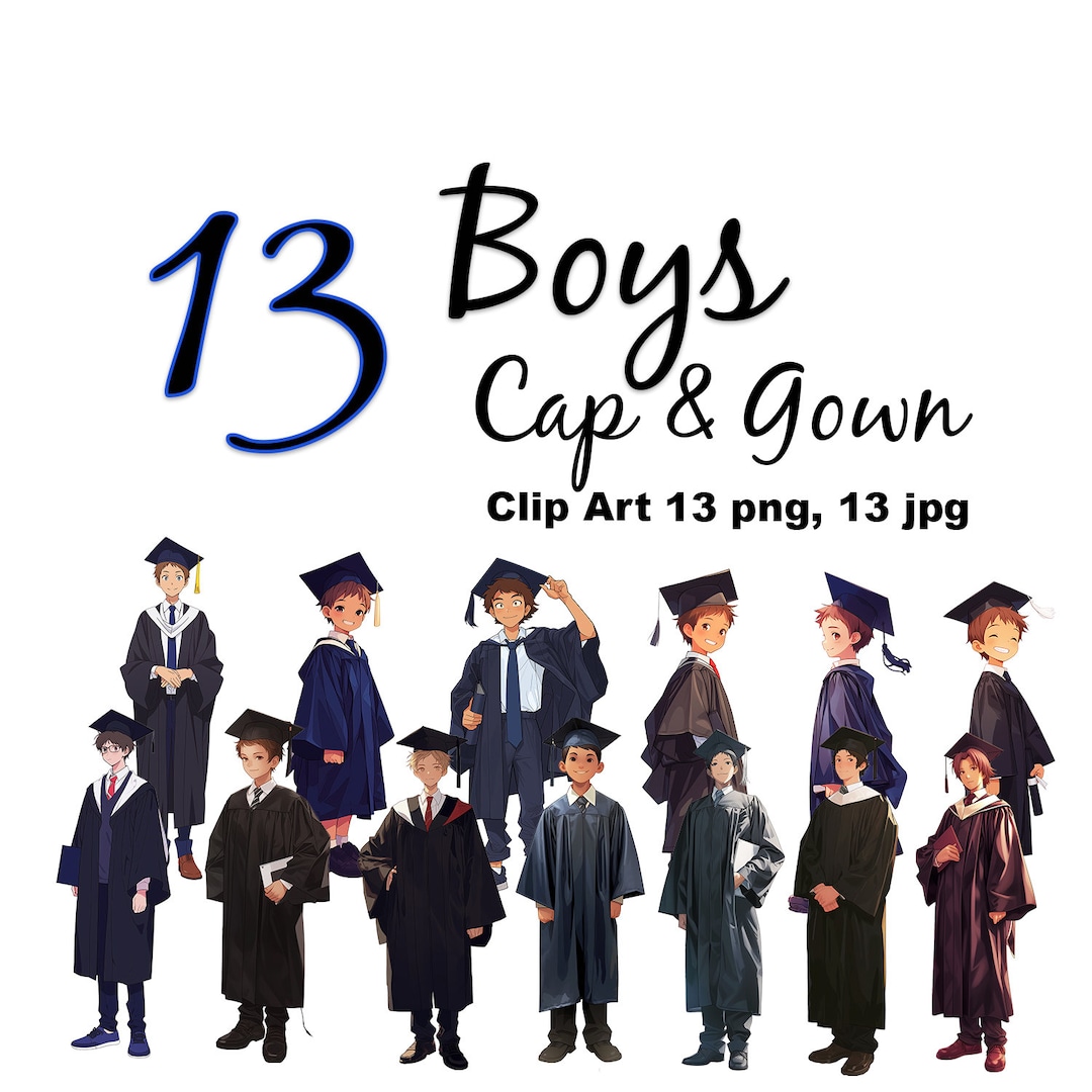 Boys Graduation Cap and Gown Clip Art, Diverse Students (PNG JPG) - Etsy