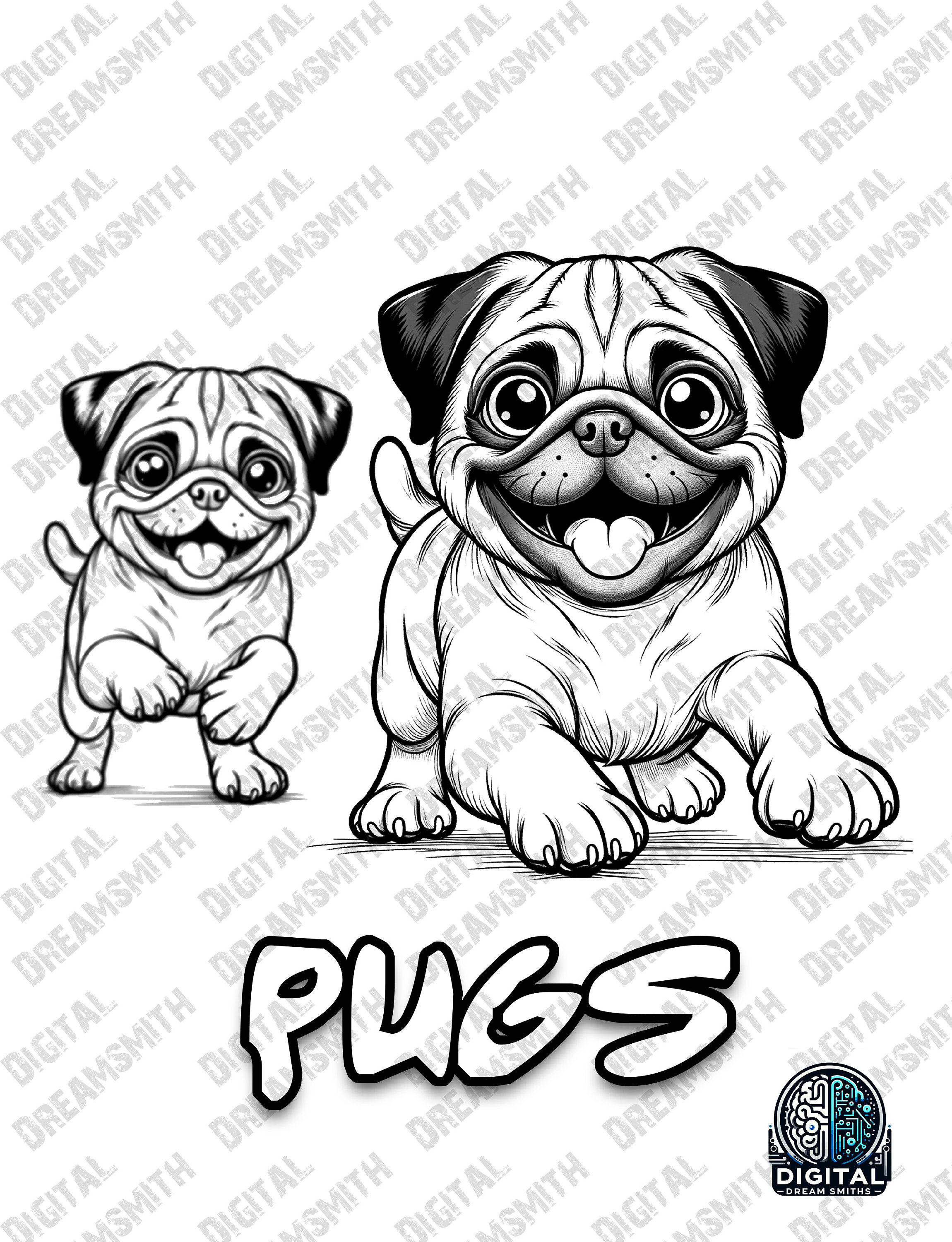 Charming Pugs Puppy Coloring Page - Printable PDF for All Ages, Instant Download - Etsy