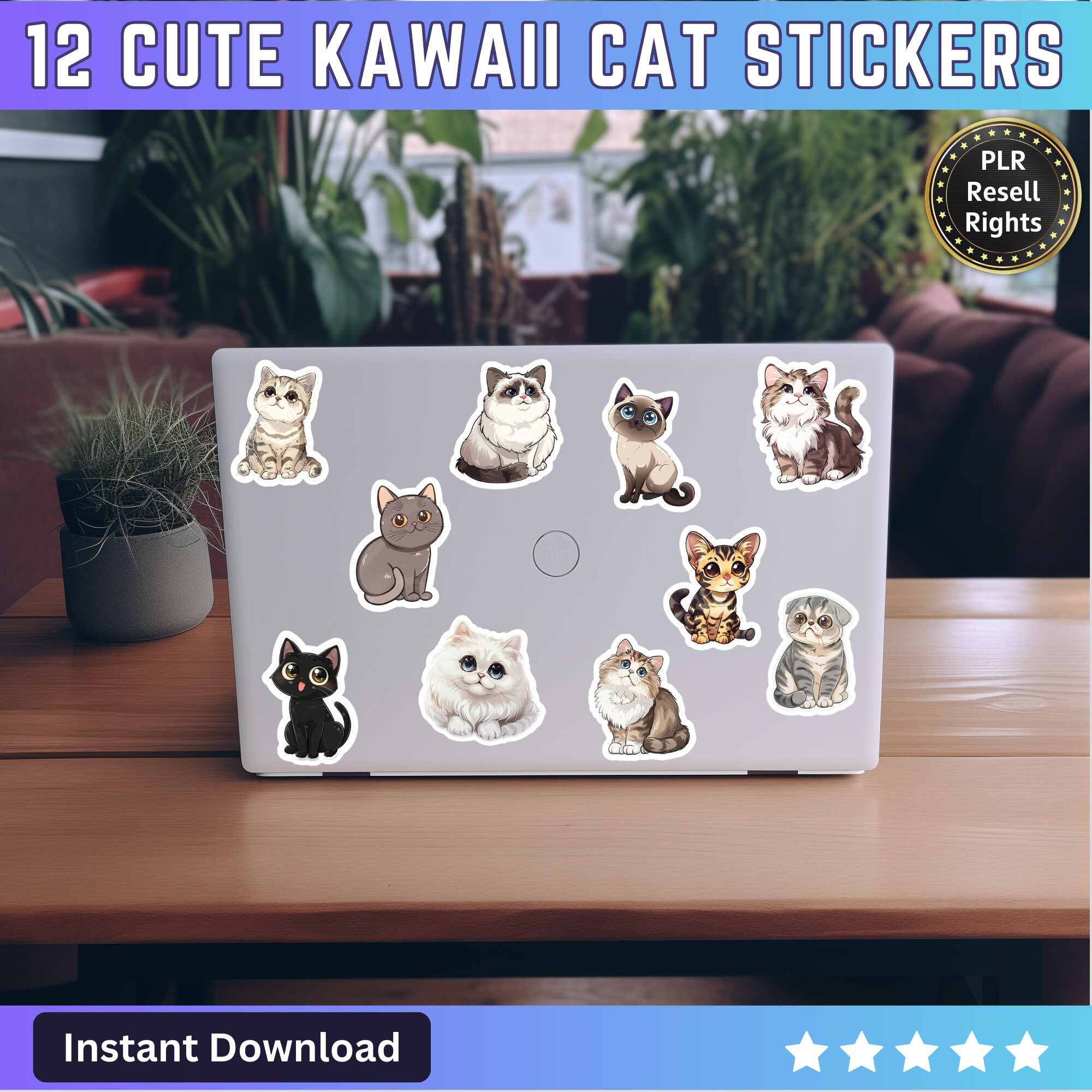 10 Cute Kawaii Cat Digital Icon Stickers Precropped Canva PNG Download ...