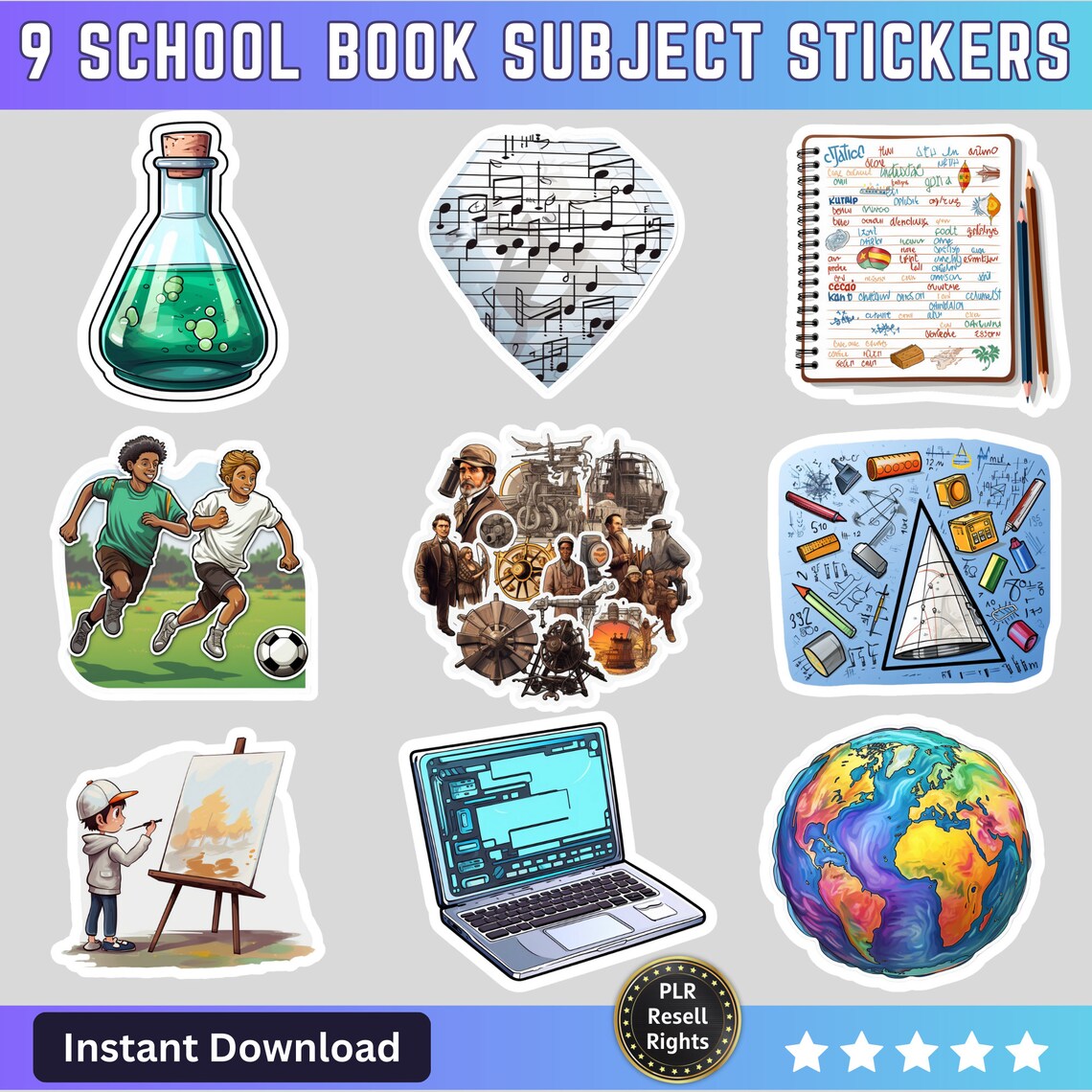 9 School Subject Digital Icon Stickers for School Book Labels ...